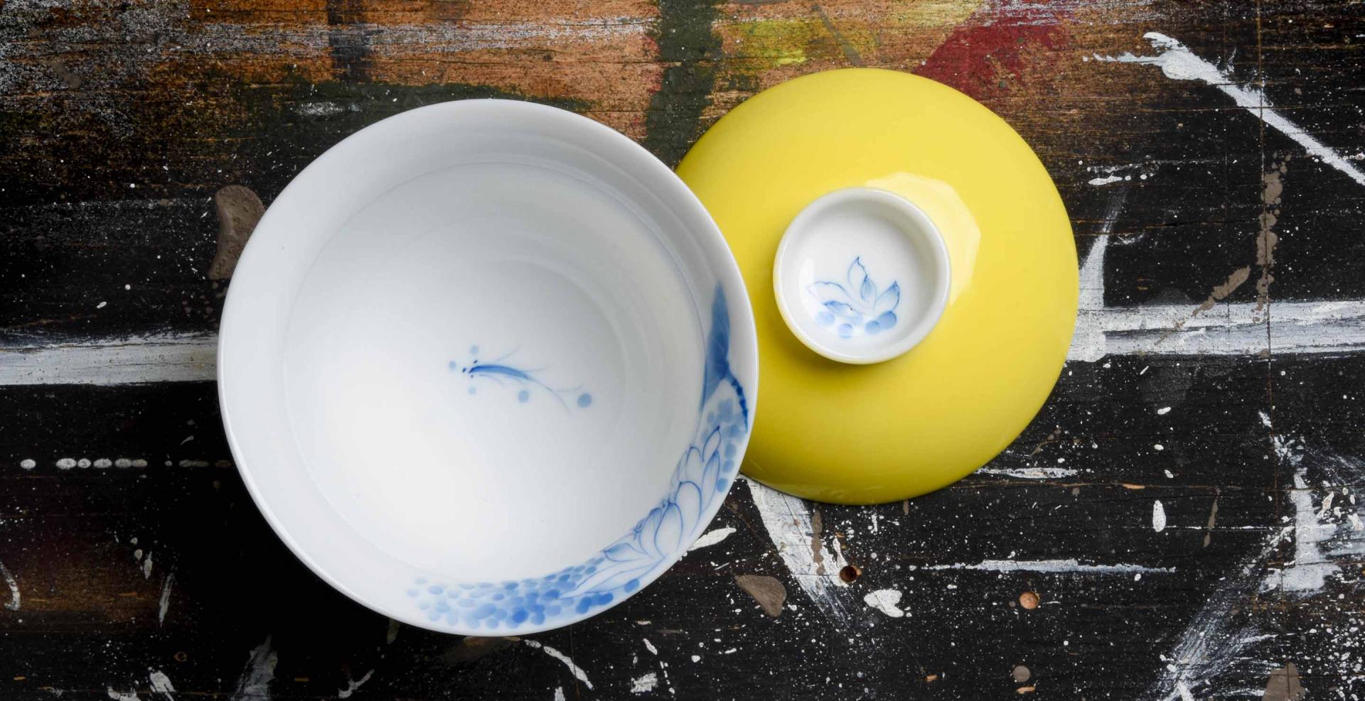 "Lotus Pond" Hand Painted Yellow Porcelain Gaiwan